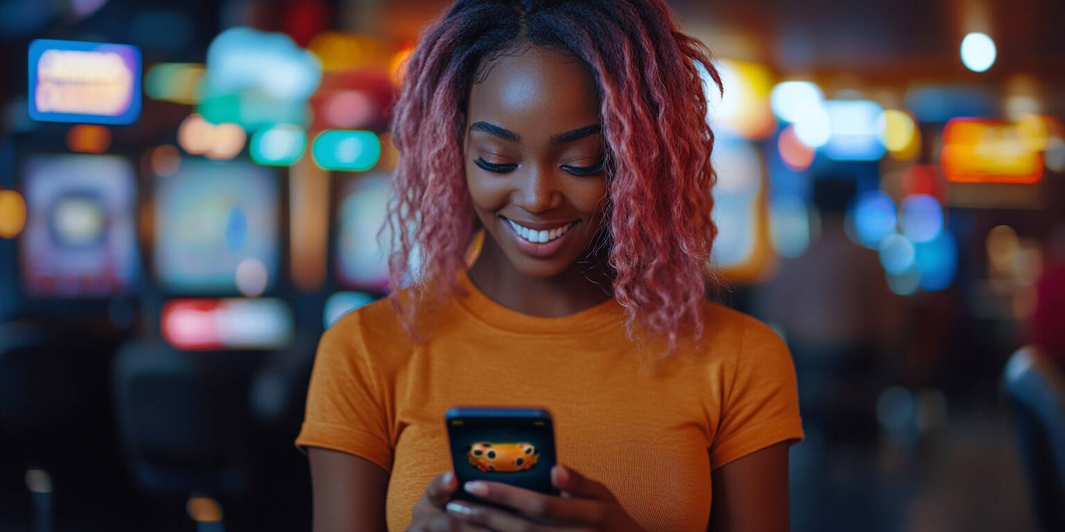 Congolese woman smiling while watching Hamster Run game on her mobile ...